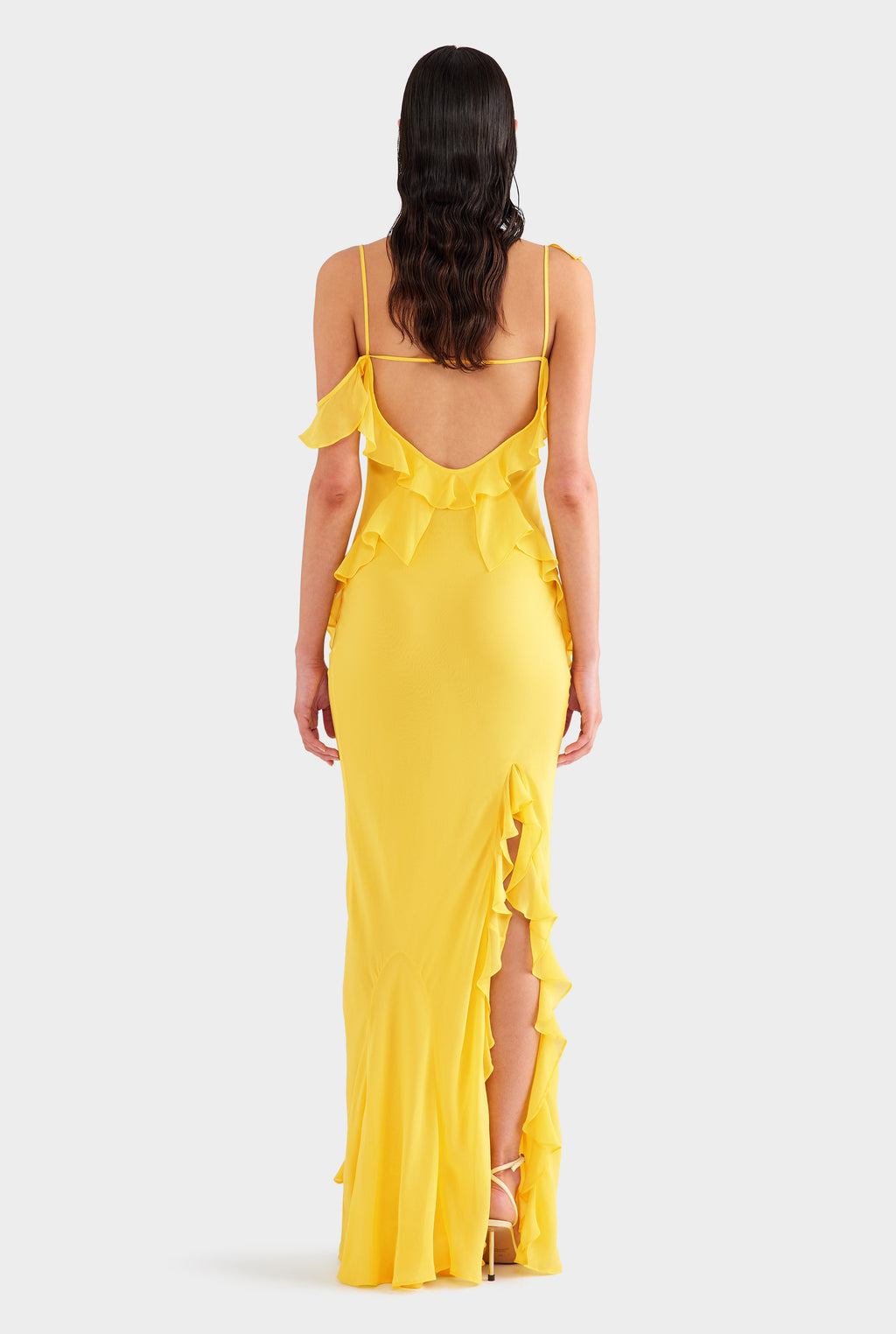 Womens Asymmetric Low Back Silk Ruffle Dress in Yellow Gold | Venroy ...