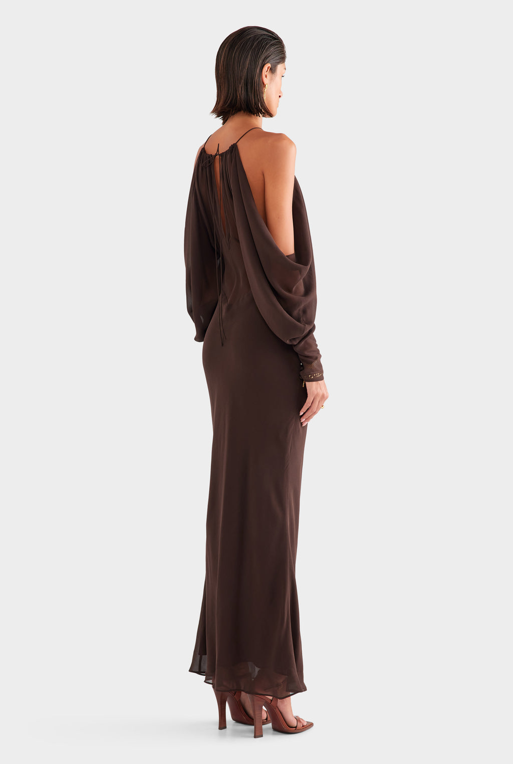Womens Silk Off Shoulder Column Maxi Dress Dark Chocolate | Venroy – VENROY