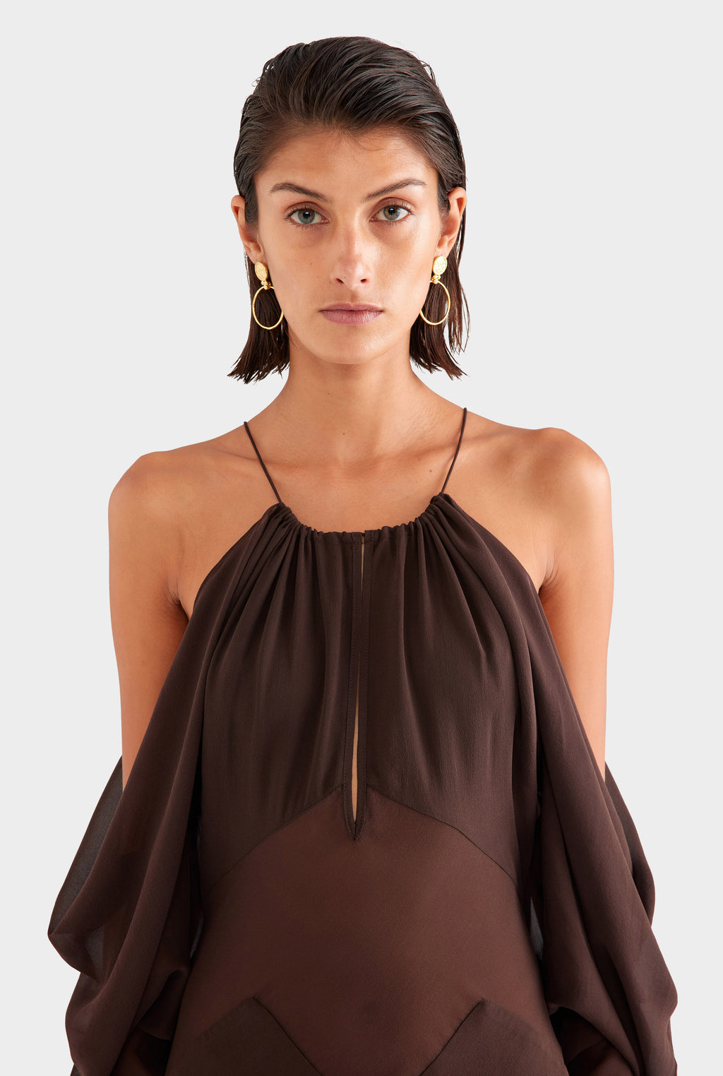 Womens Silk Off Shoulder Column Maxi Dress Dark Chocolate | Venroy – VENROY