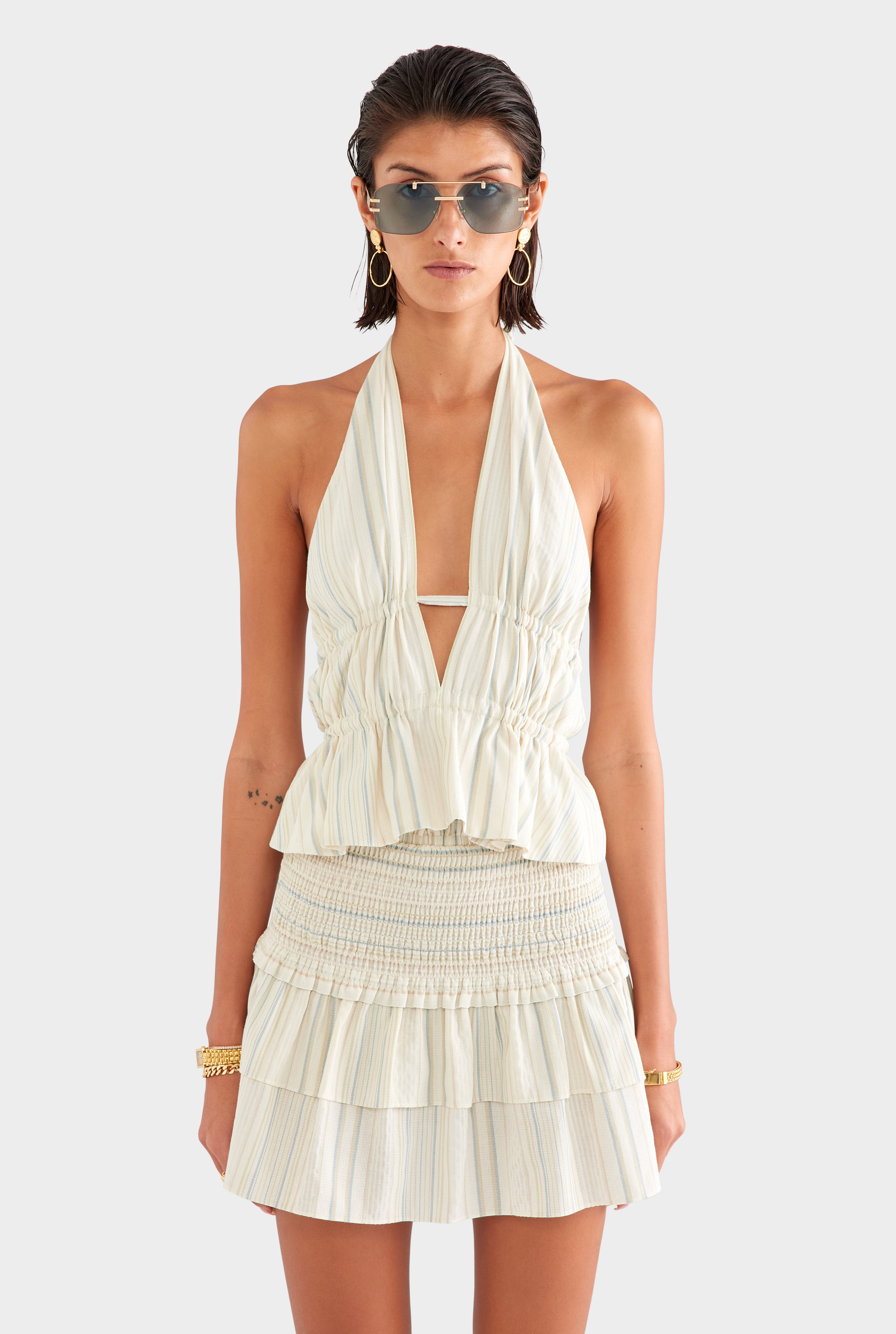 Stripe Cotton Halter Top in Off White/Blue/Taupe Stripe | Venroy – VENROY