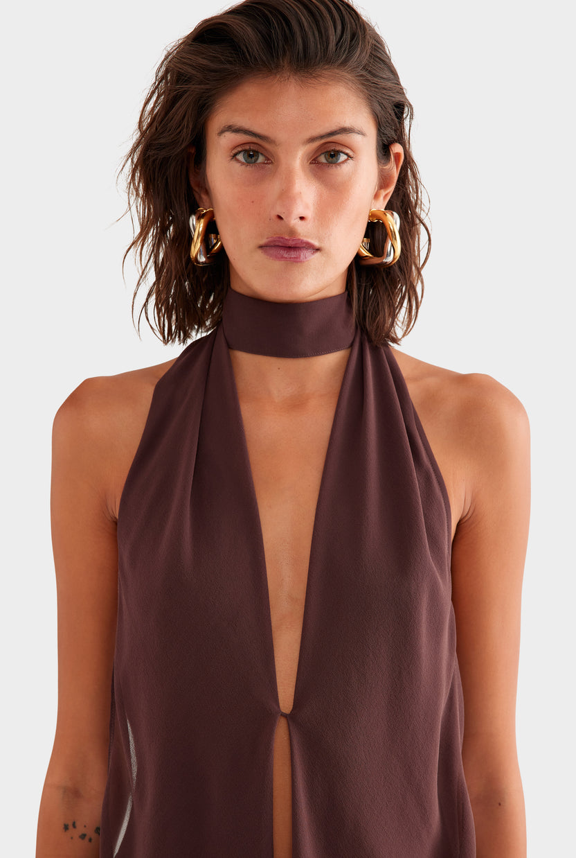 Womens Silk Layered Halter Top in Coffee | Venroy – VENROY