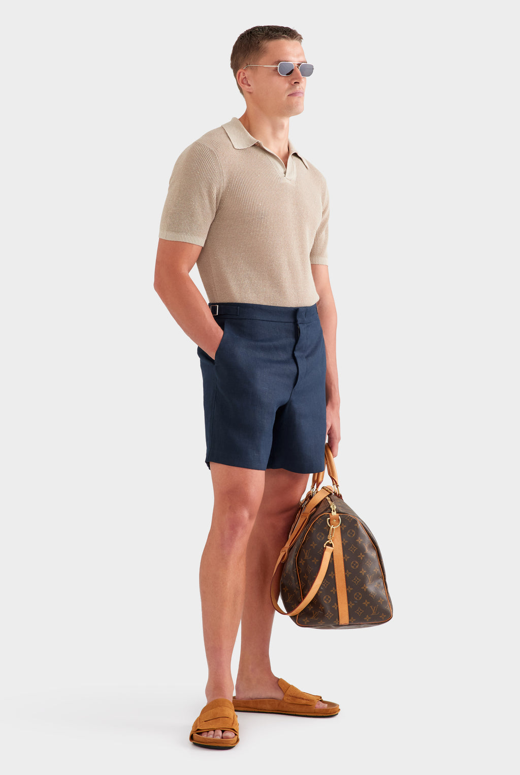 Mens Tailored Linen Side Tab Short Navy | Venroy – VENROY