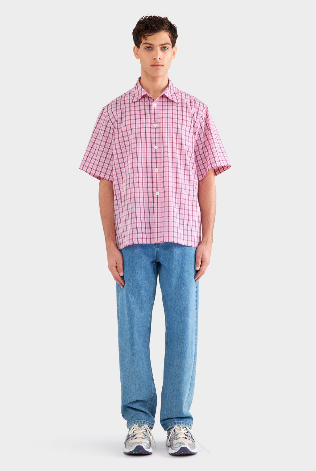 Mens Oversized Cotton Check SS Shirt in Pink Check | Venroy – VENROY