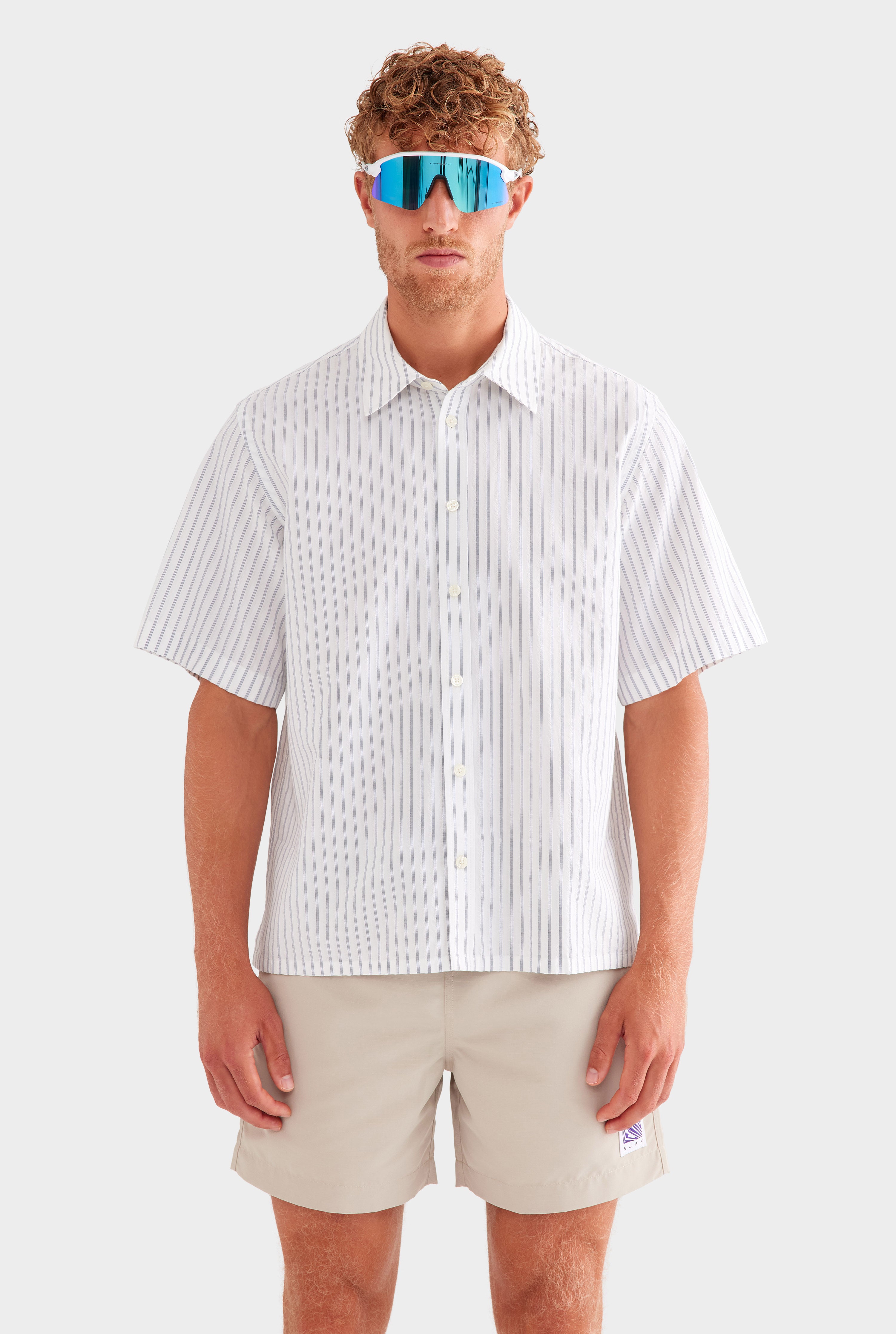 Oversized Stripe SS Shirt in Off White/Navy Stripe | Venroy – VENROY