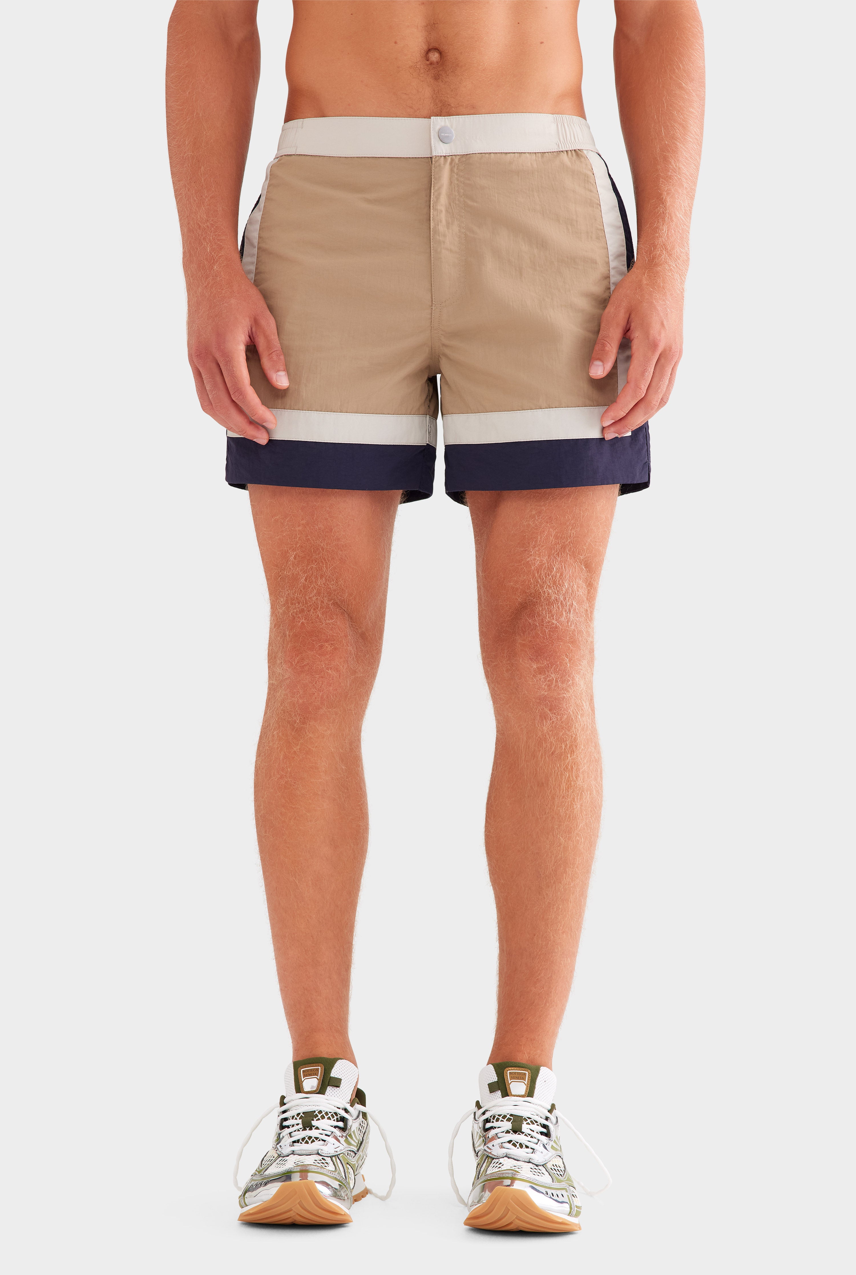 Panelled Snaplock Swim Short in Taupe/Navy/Cream | Venroy – VENROY