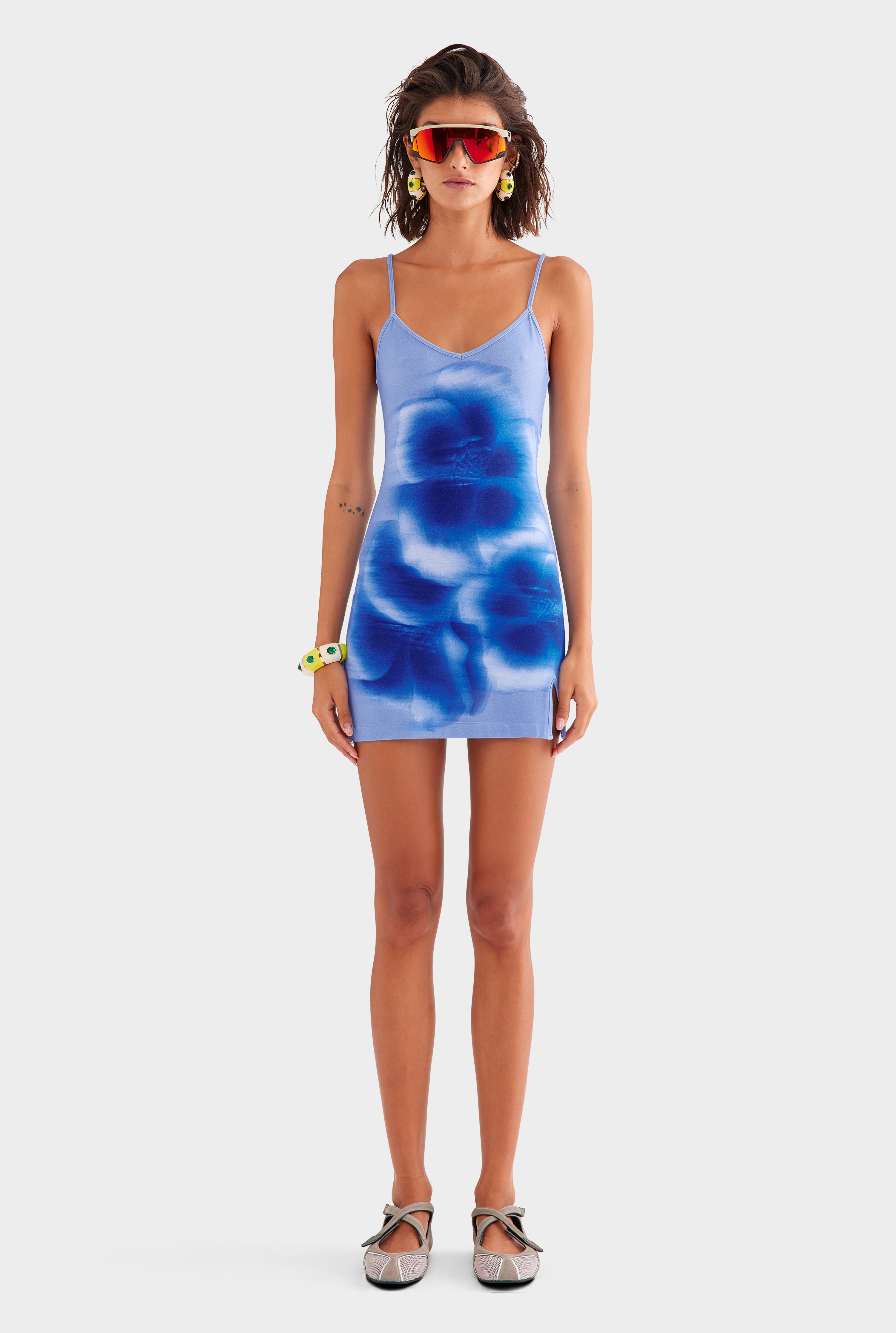 Printed Jersey Mini Dress in Powder Blue Blurred Floral | Venroy – VENROY