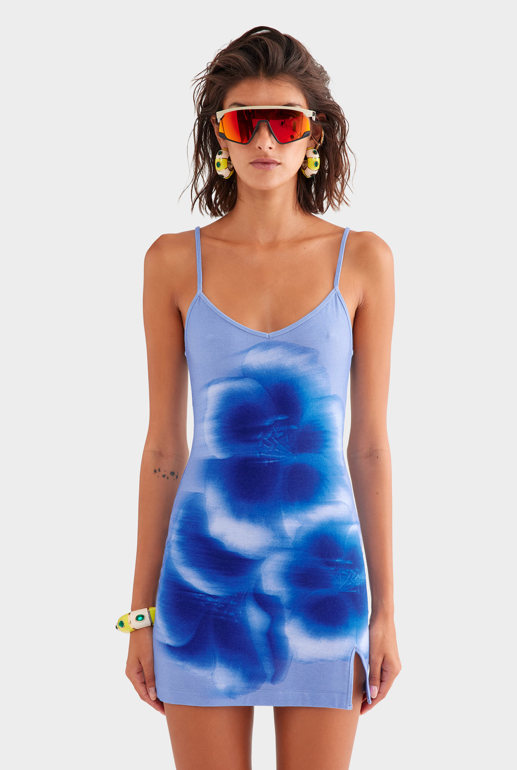 Printed Jersey Mini Dress in Powder Blue Blurred Floral | Venroy – VENROY