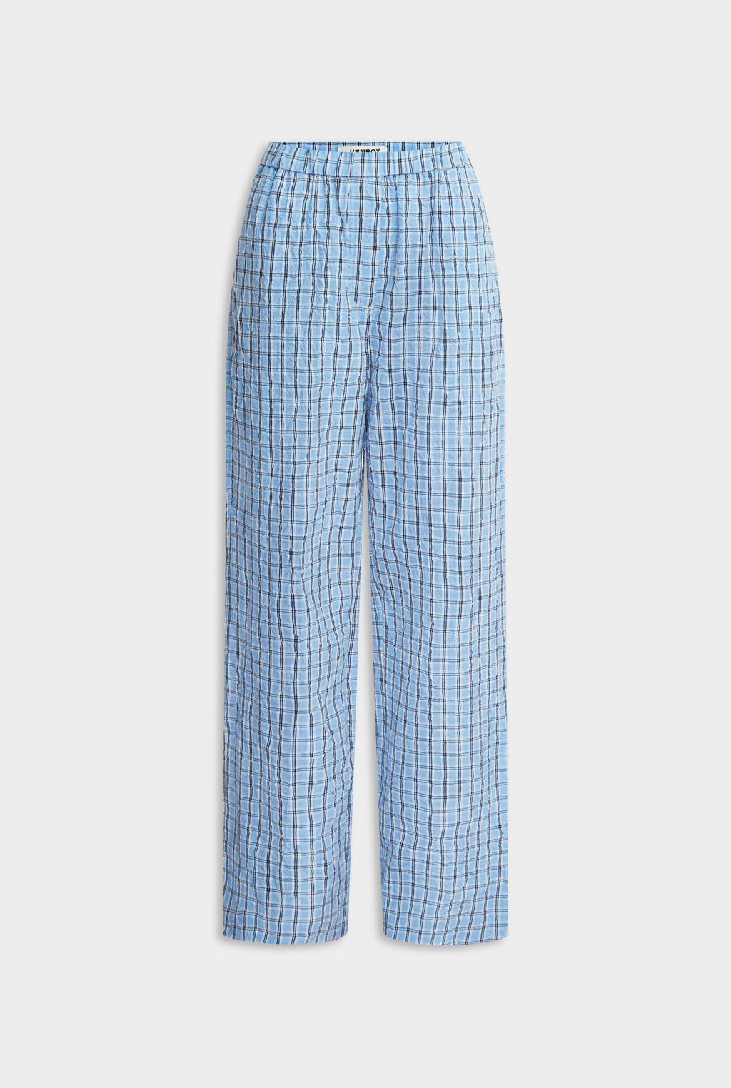 Womens Relaxed Check Cotton Pant in Blue Crushed Check | Venroy – VENROY