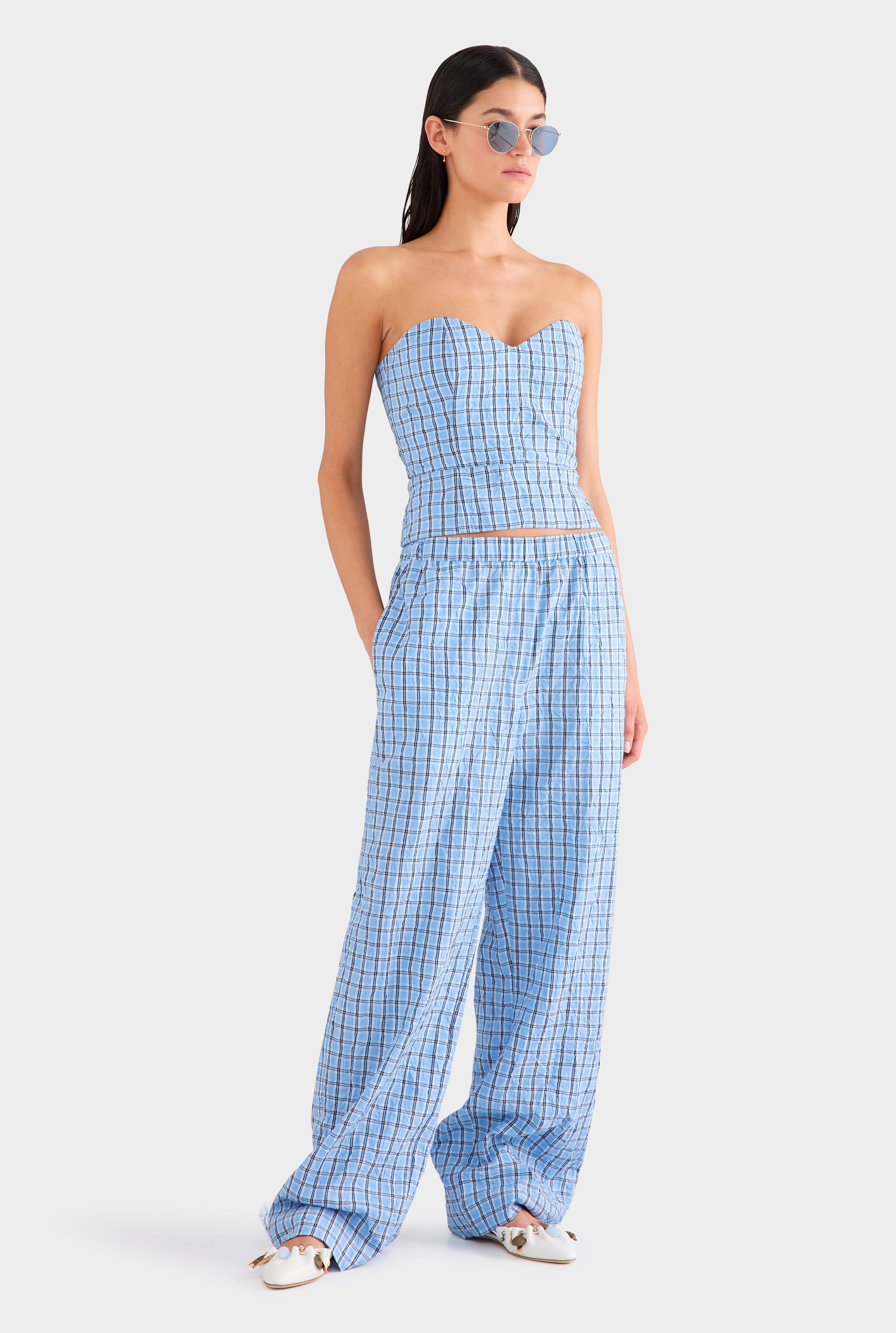 Womens Relaxed Check Cotton Pant in Blue Crushed Check | Venroy – VENROY