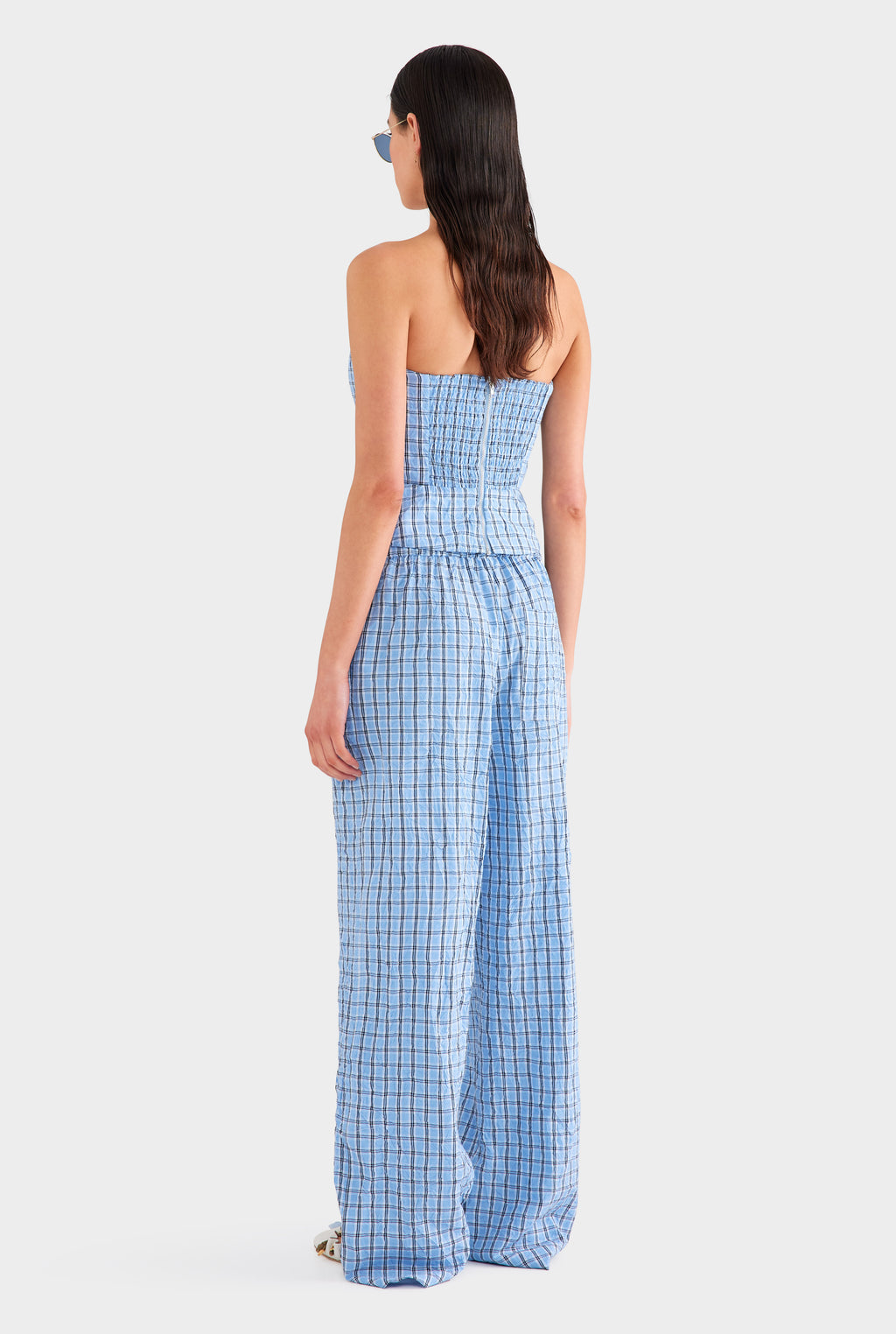 Womens Relaxed Check Cotton Pant in Blue Crushed Check | Venroy – VENROY