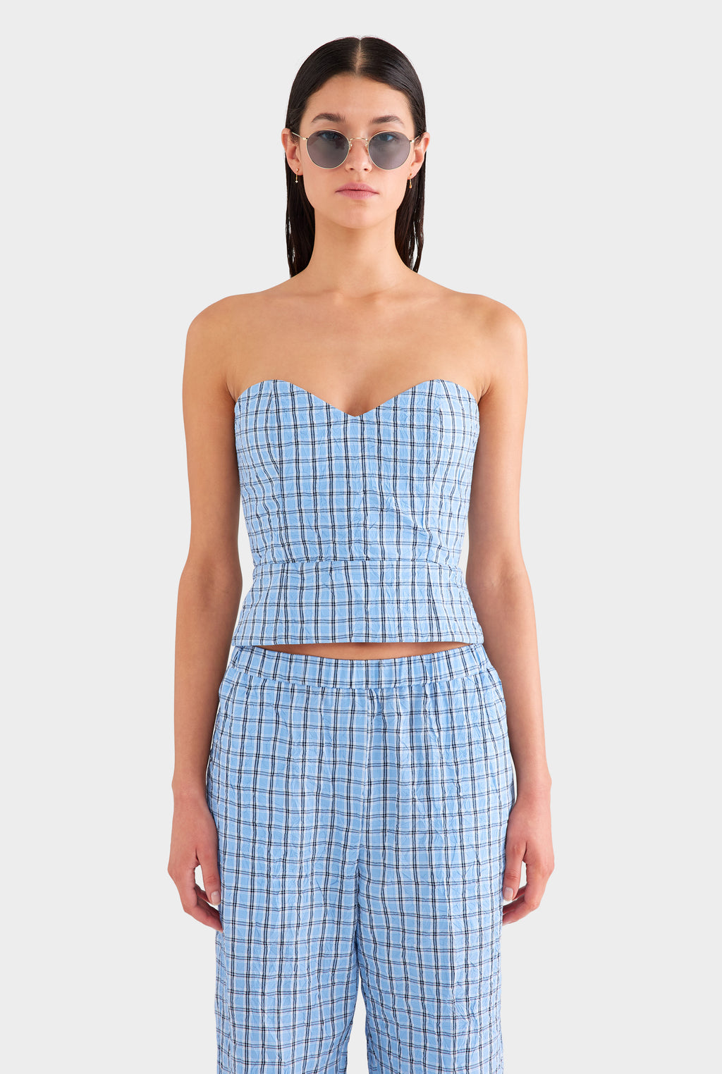 Womens Relaxed Check Cotton Pant in Blue Crushed Check | Venroy – VENROY