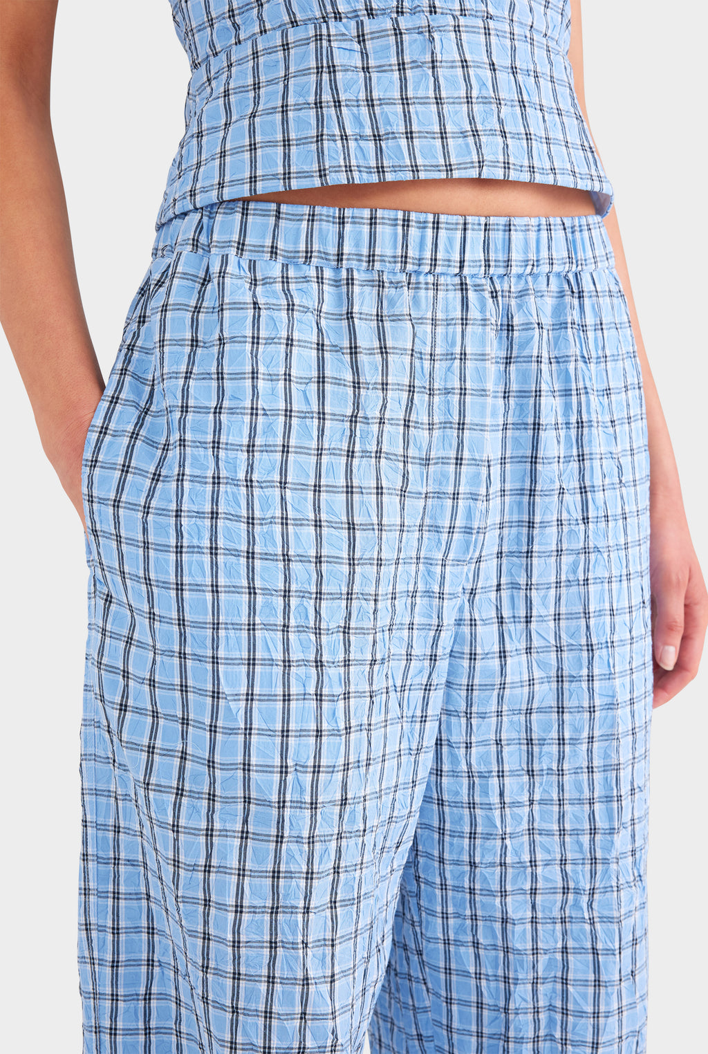 Womens Relaxed Check Cotton Pant in Blue Crushed Check | Venroy – VENROY
