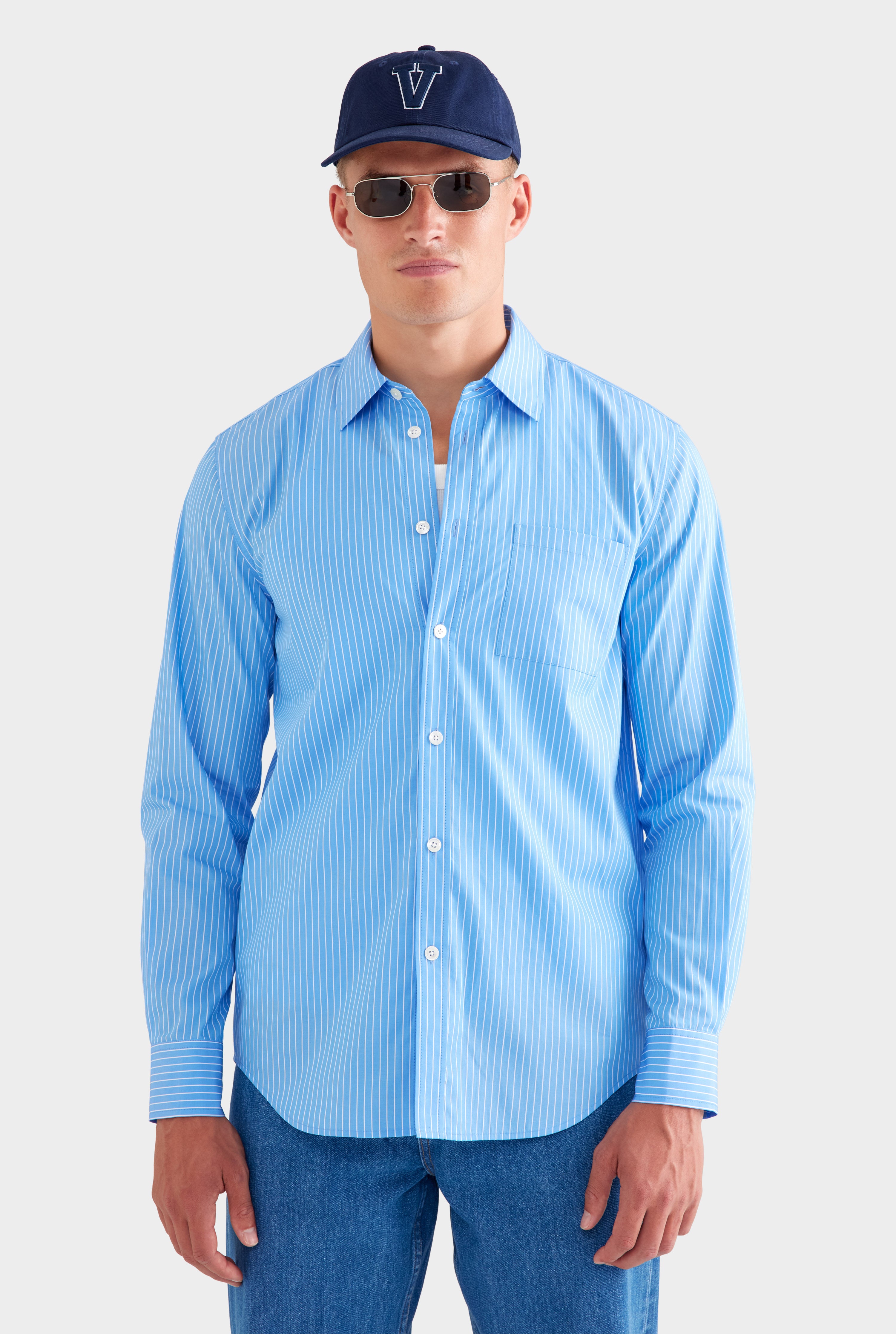 Mens Stripe Cotton Shirt Blue/White Stripe | Venroy – VENROY
